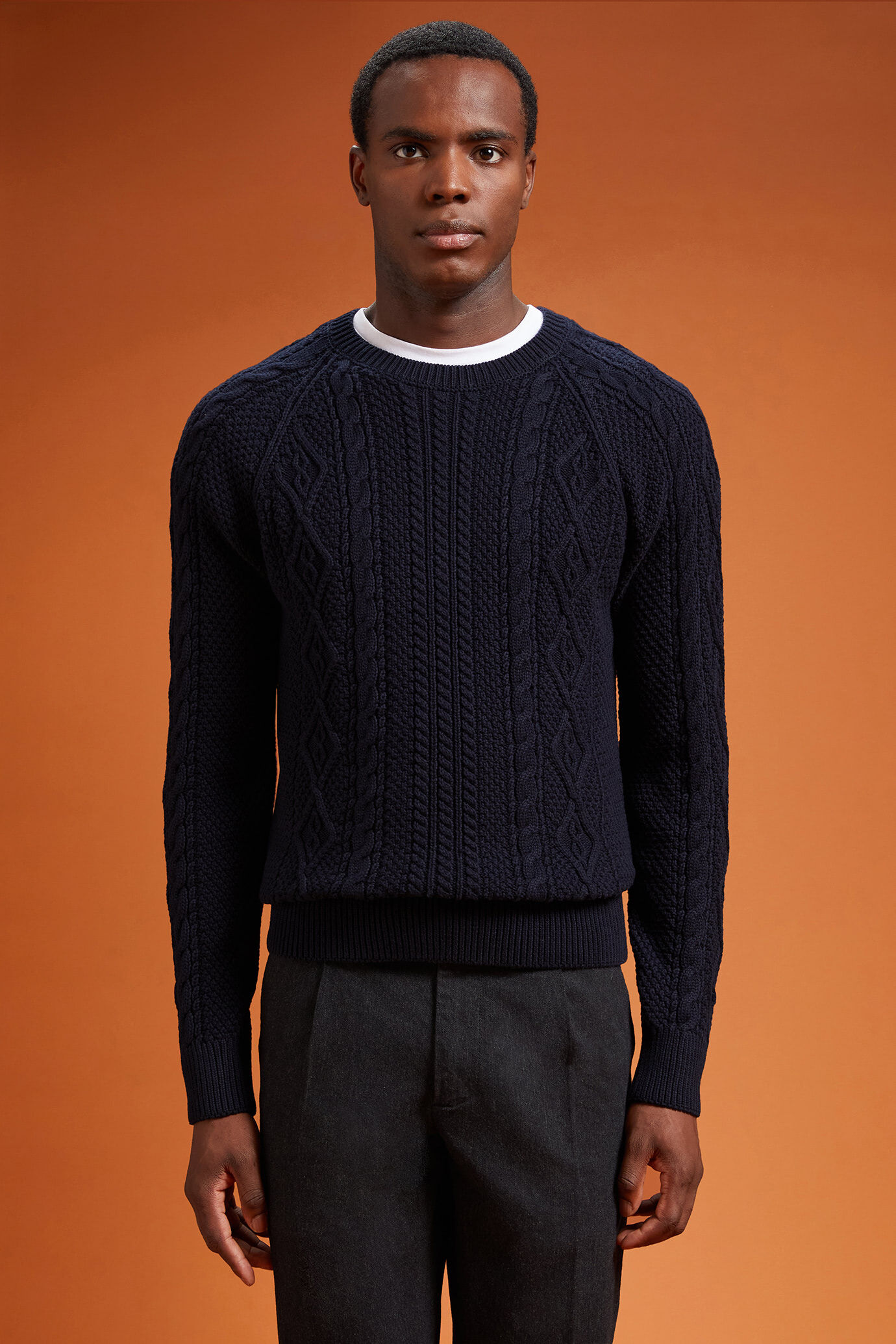 Men's regular fit cable knit jumper in 100% cotton with a crew neck ...