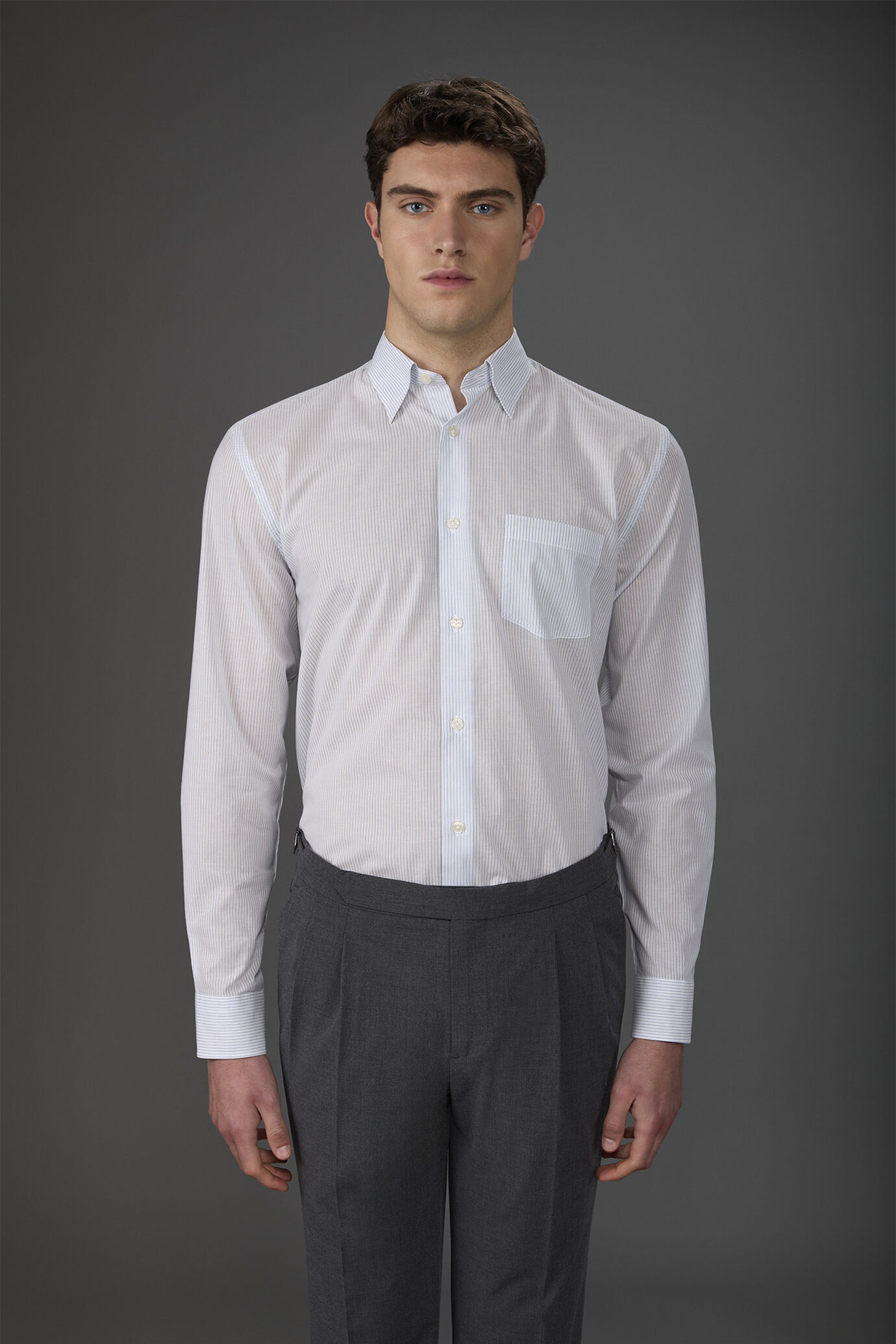 Men's concealed button down casual shirt in yarn-dyed striped washed ...
