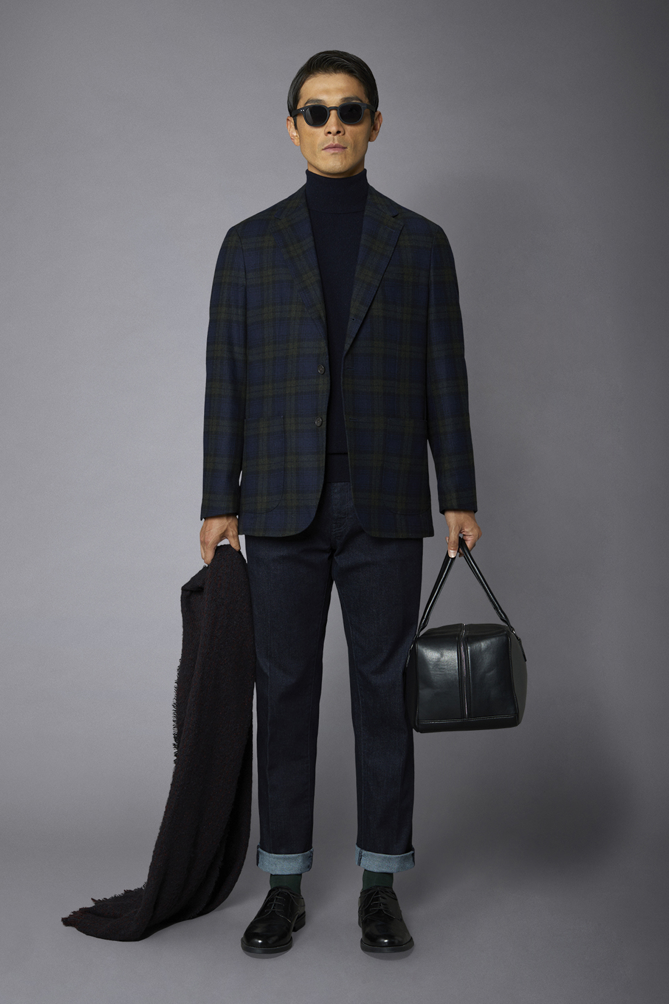 Men's single-breasted wool-blend jacket with blackwatch design regular ...