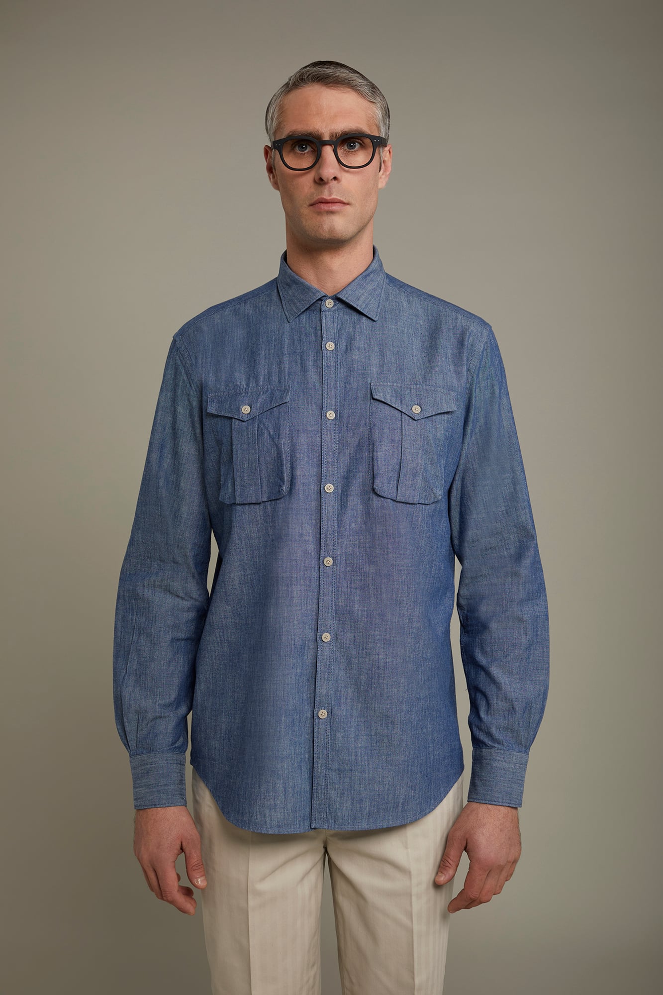 Camicia casual uomo collo classico 100% cotone tessuto denim comfort ...