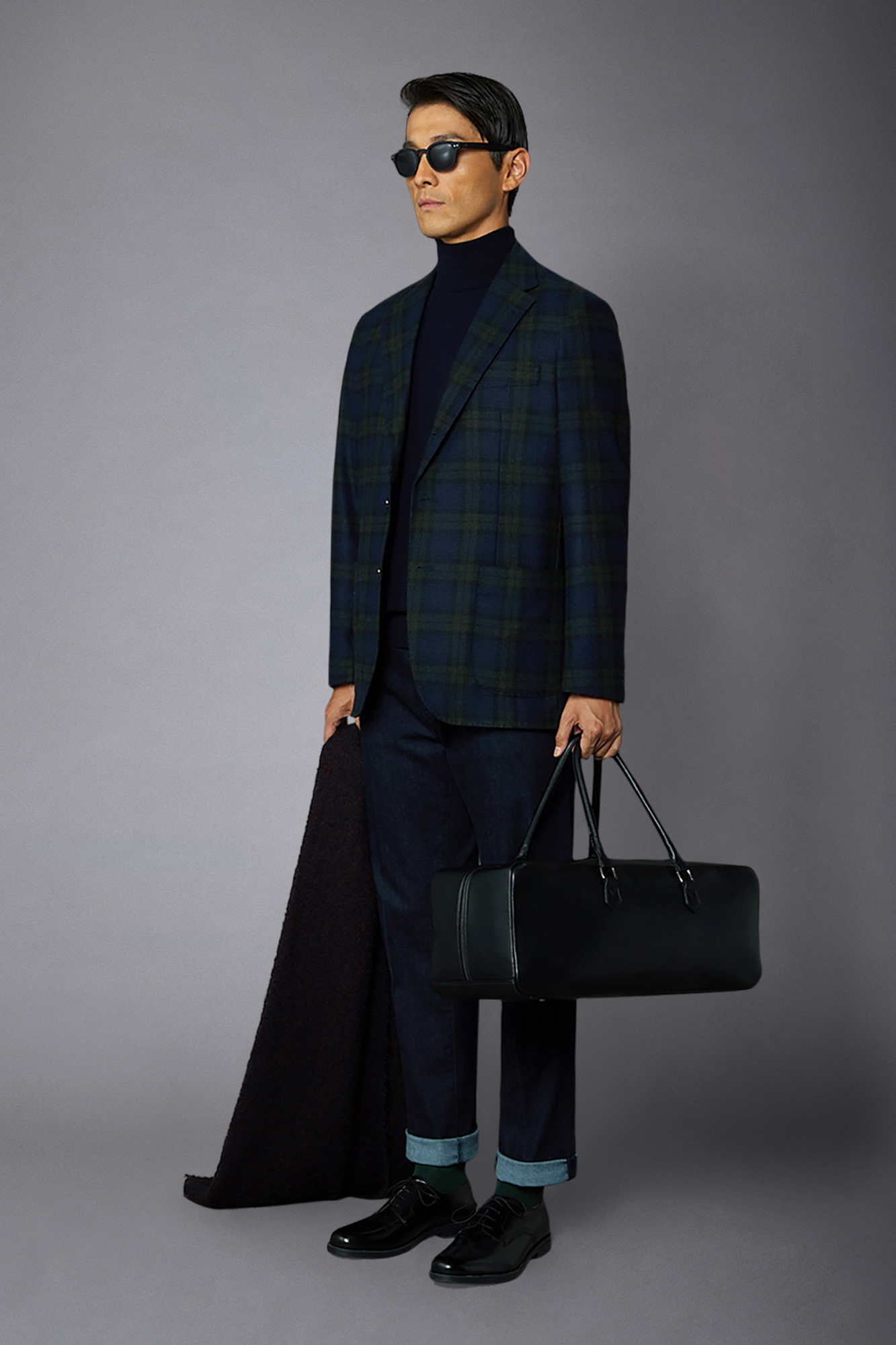Mens single-breasted wool-blend jacket with blackwatch design regular ...